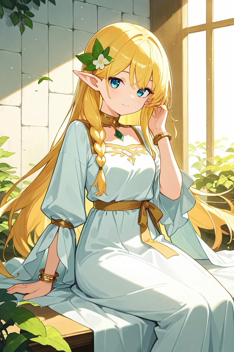 The image shows an anime-style illustration of an elf girl with a sweet ...