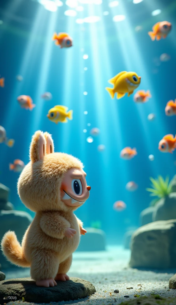 Photorealistic, 8K, a Labubu is gazing intently at a large aquarium ...