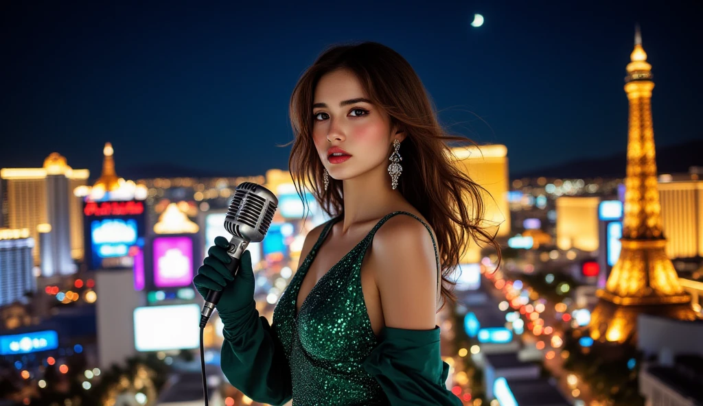 A glamorous American female singer stands facing the camera on the rooftop of a - SeaArt AI