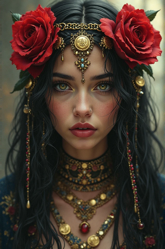 A beautiful dark-haired gypsy woman with red rose on her head with gold ...