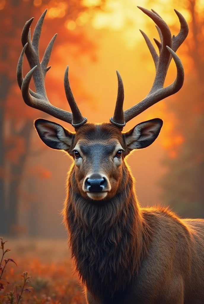 The image presents a regal close-up of an imperial stag, its massive ...