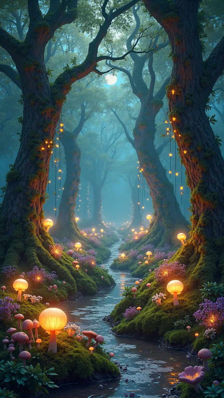 An otherworldly enchanted forest bathed in the soft glow of twilight ...