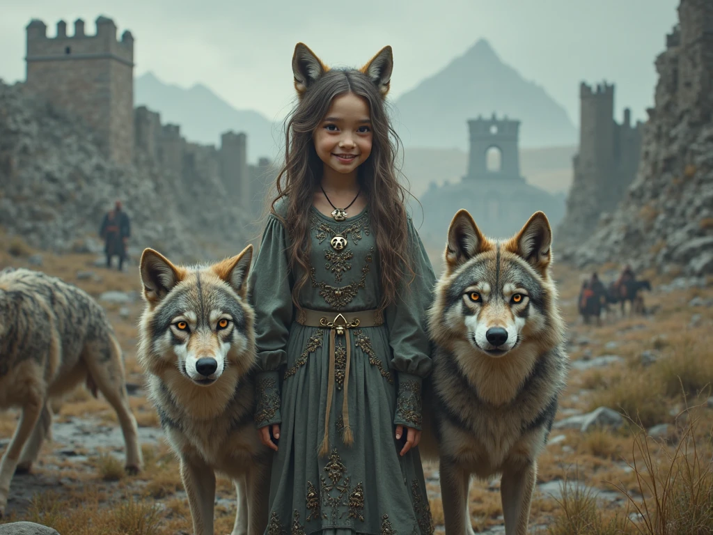 Cute petite skinny girl with wolves in medieval battlefield, happy ...