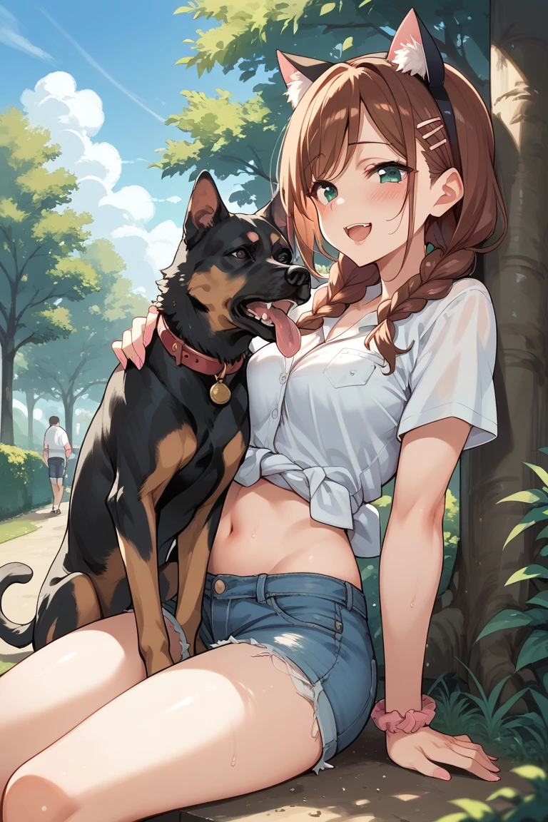 Chizuru Mizuhara wearing hot pants and cat ears does bestiality with a dog in th - SeaArt AI