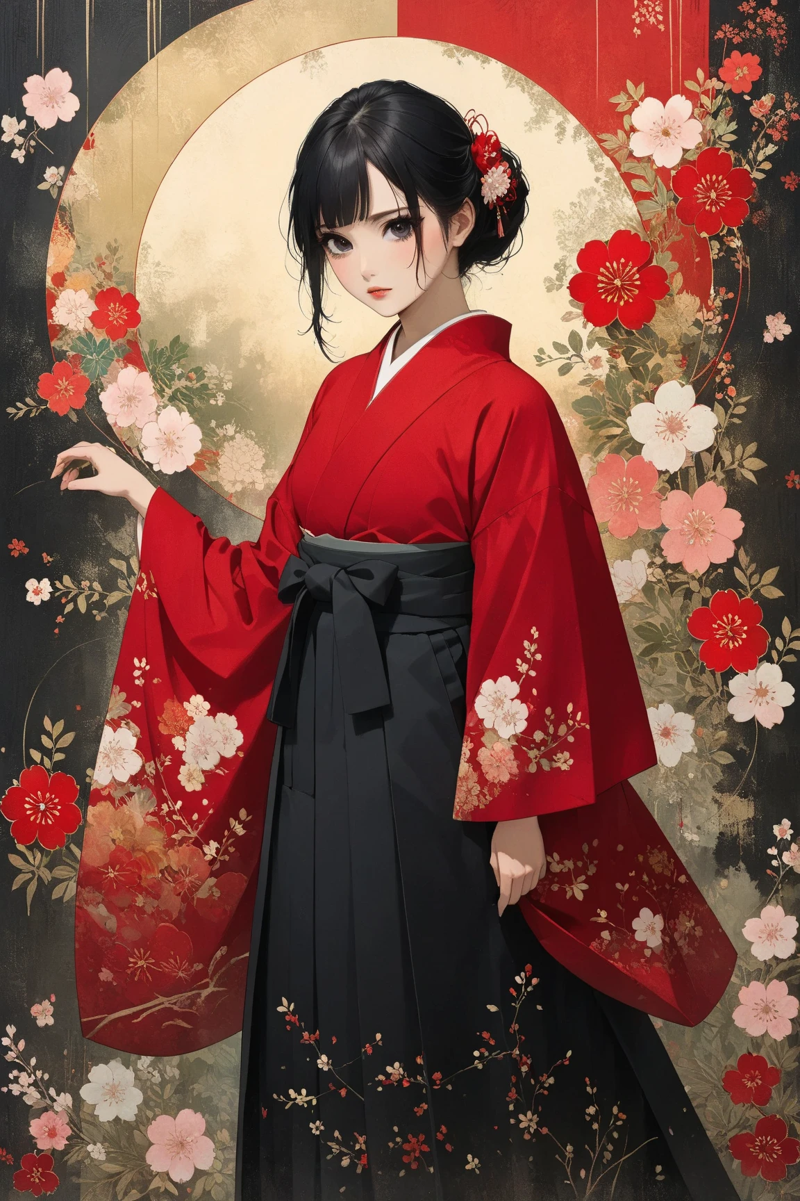 Woman in a Beautiful Hakama、solo、dark eyes、black hair、Chiyo Paper ...