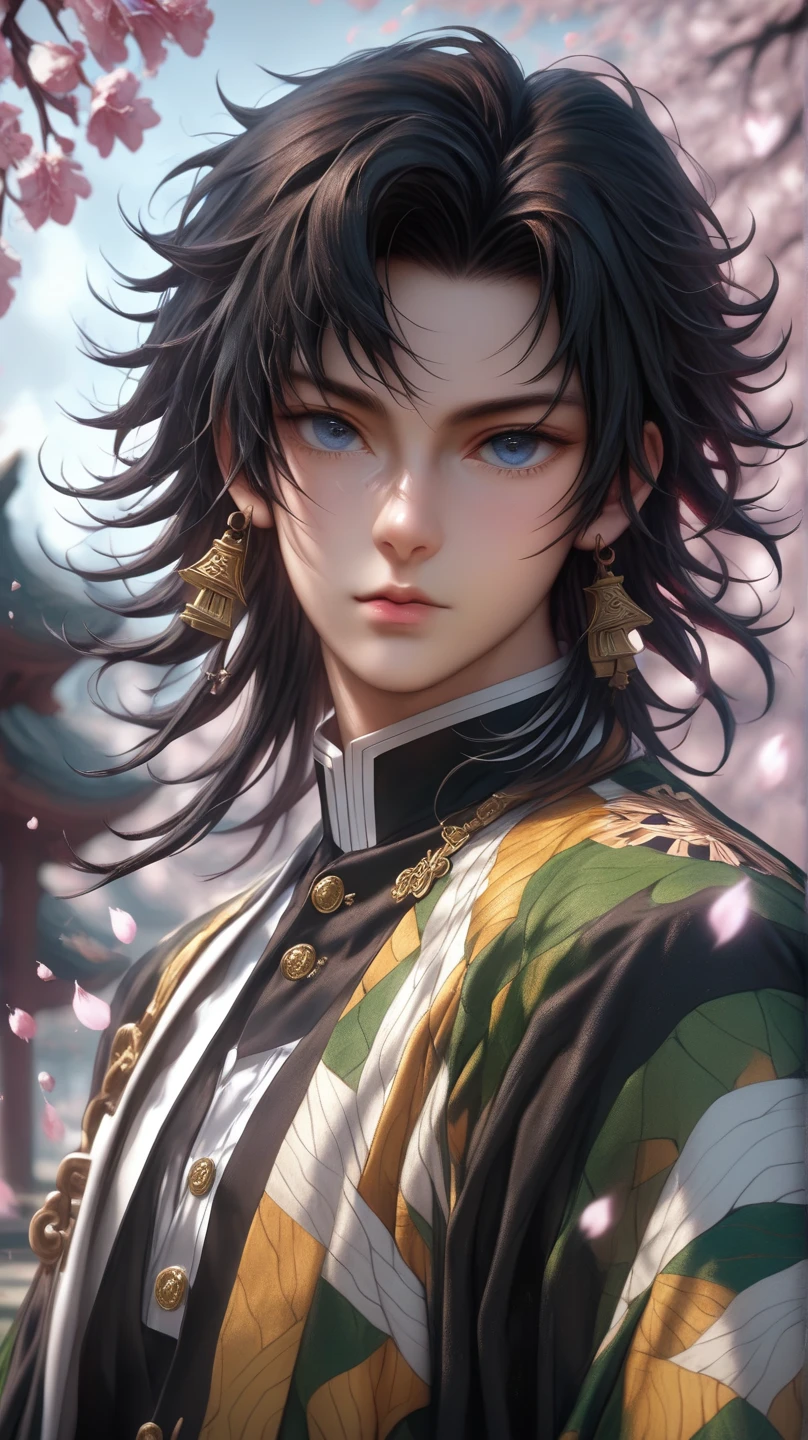 A hyper-realistic, cinematic portrait of Giyu Tomioka from Demon Slayer ...