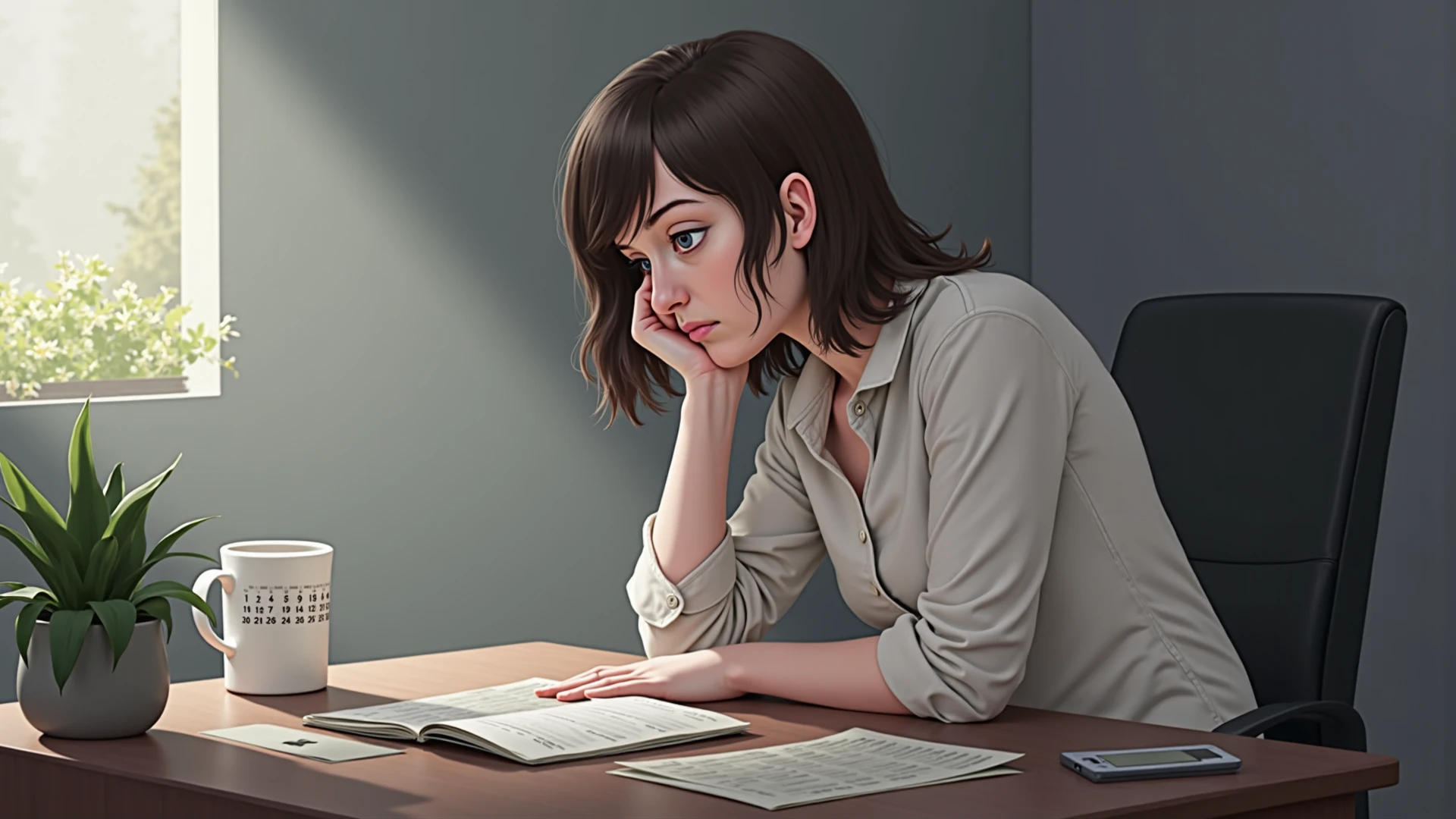 A 29-year-old woman looking awkwardly at a calendar, sighing deeply ...