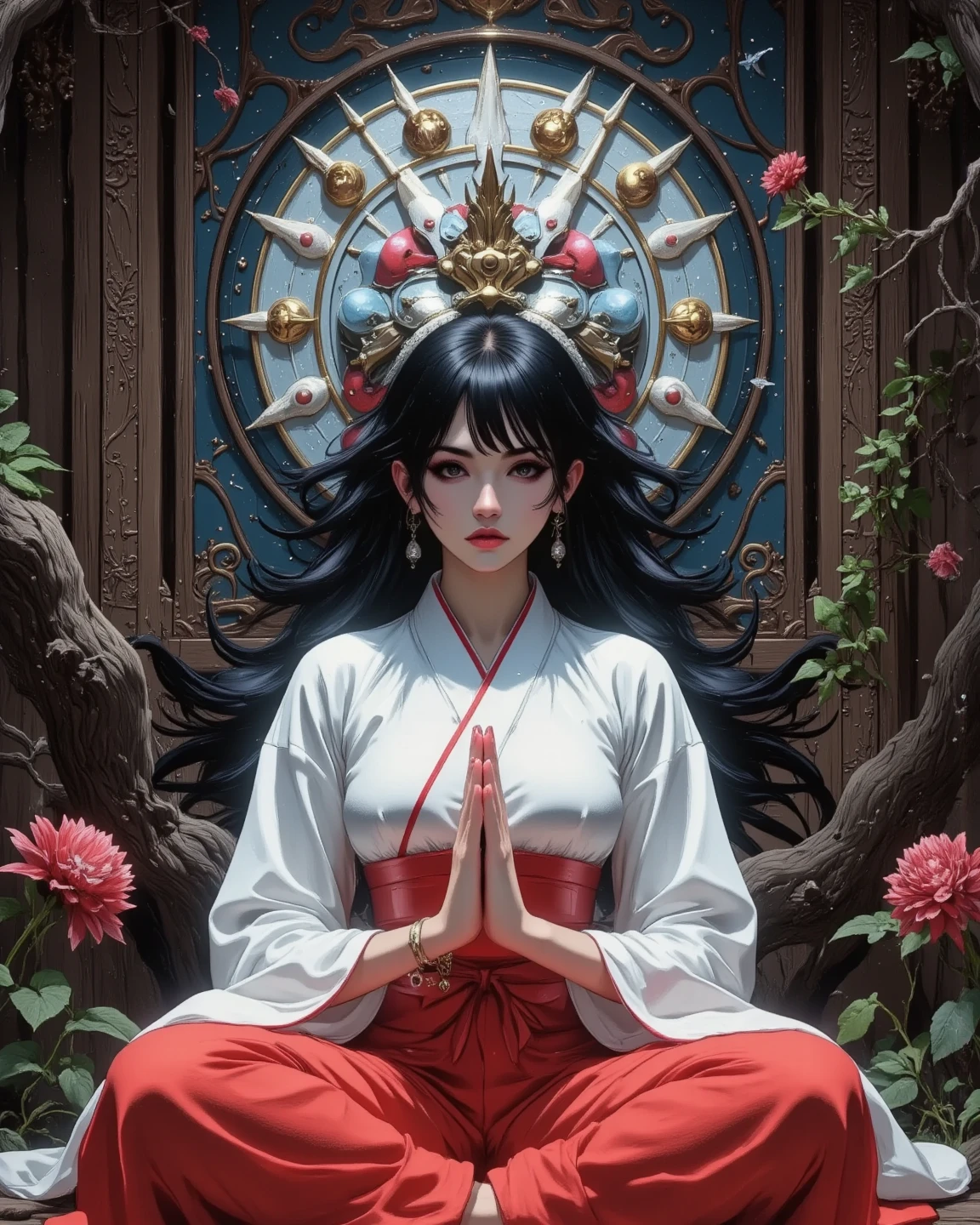 A woman in a shrine maiden costume meditating in a mysterious and ...