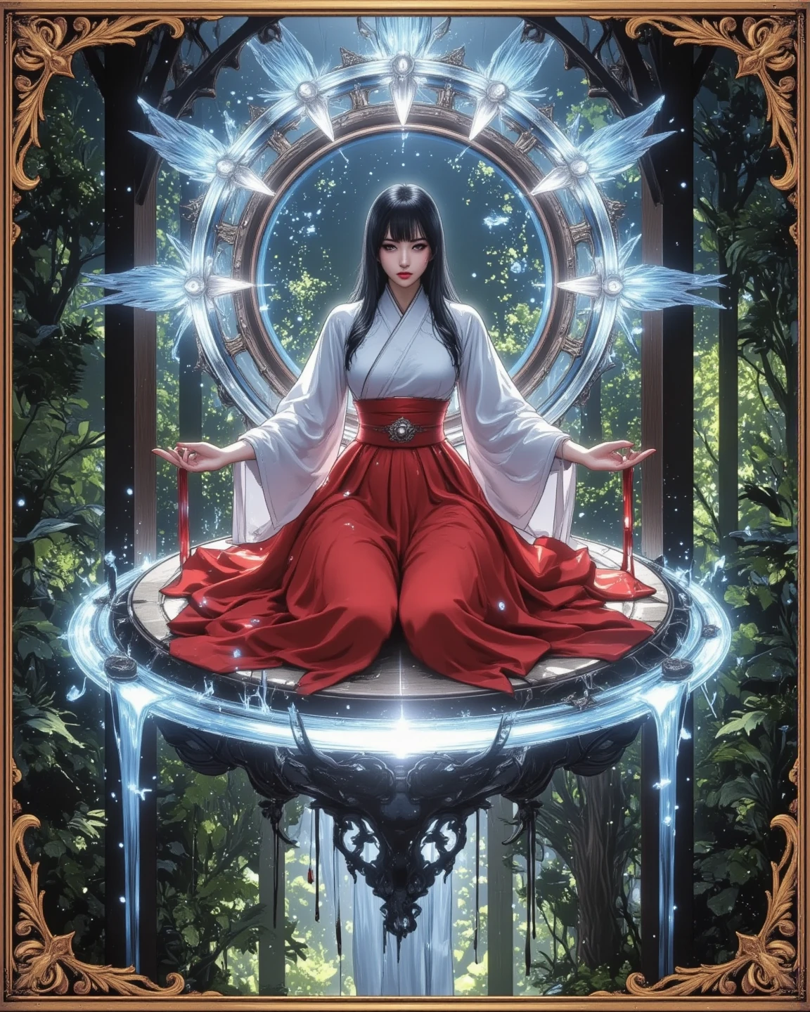 A woman in a shrine maiden costume meditating in a mysterious and beautiful fore - SeaArt AI