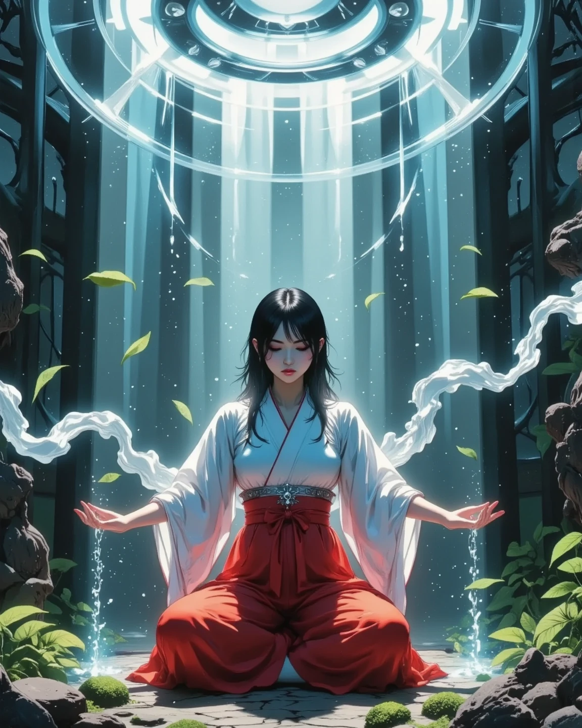 不思議で美しい森の中で瞑想する巫女の衣装を着た女性、solo、暗い目、ブラックヘア、解剖学的に完璧な、美しく描かれた指、自然 - SeaArt AI