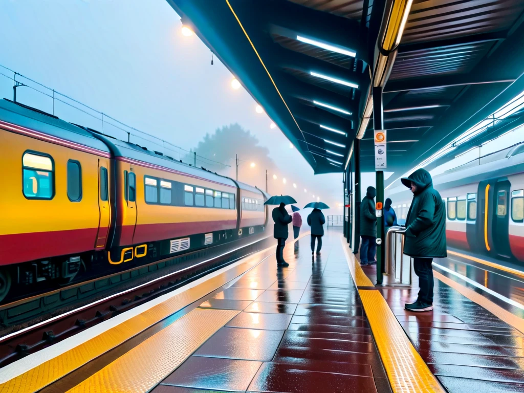 A rainy evening at a suburban train station — wet platforms glistening ...