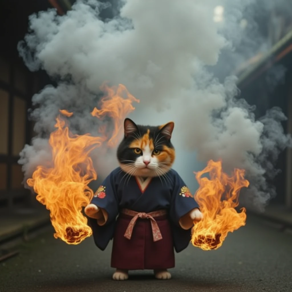 A cute chubby calico cat wearing kimono and Zouri is engulfed with ...
