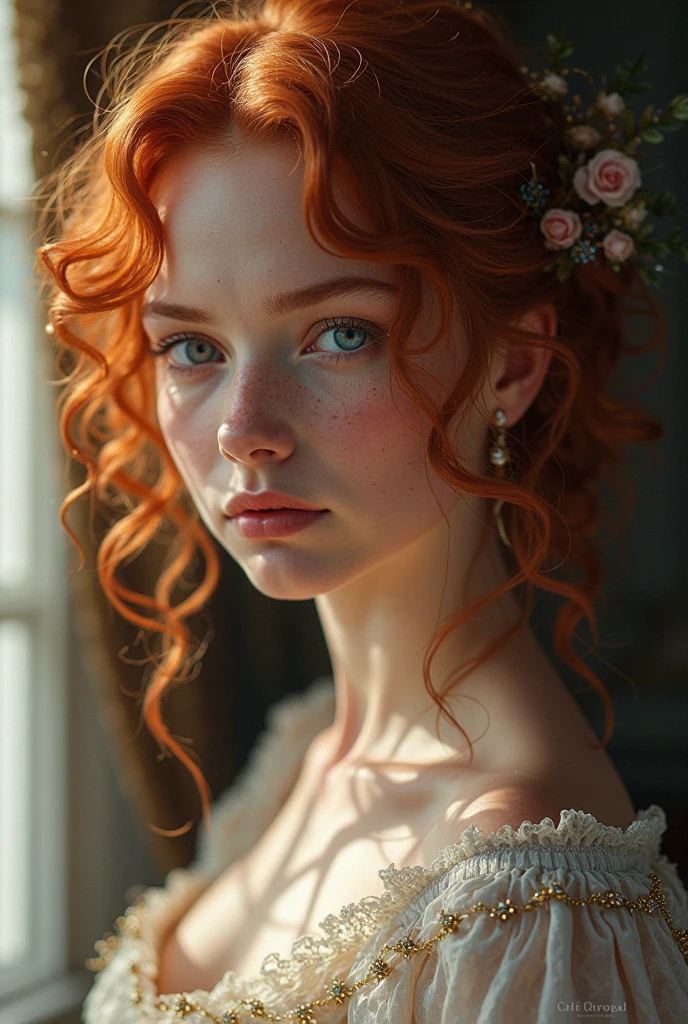 Female nobility character with red curly hair, blue eyes and freckles ...