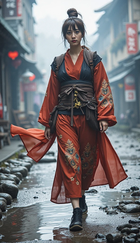 In a medium close-up frontal shot, A young miko stands gracefully in ...