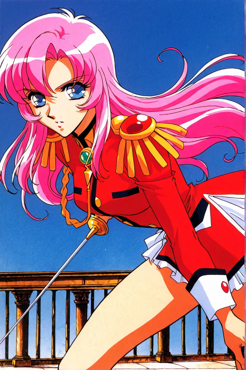 Anime Style,1girl,tenjou utena,pink hair,solo,weapon,retro artstyle ...