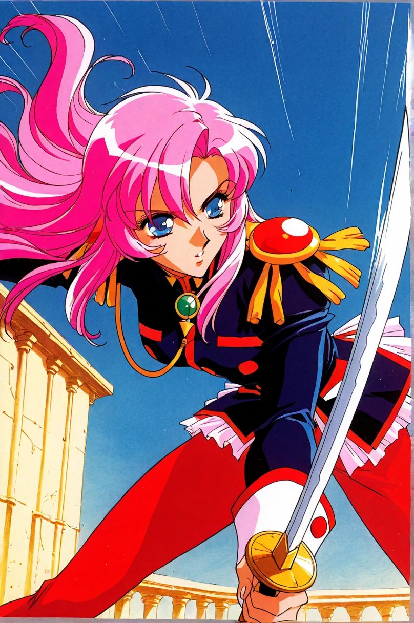 Anime Style,1girl,tenjou utena,pink hair,solo,weapon,retro artstyle ...
