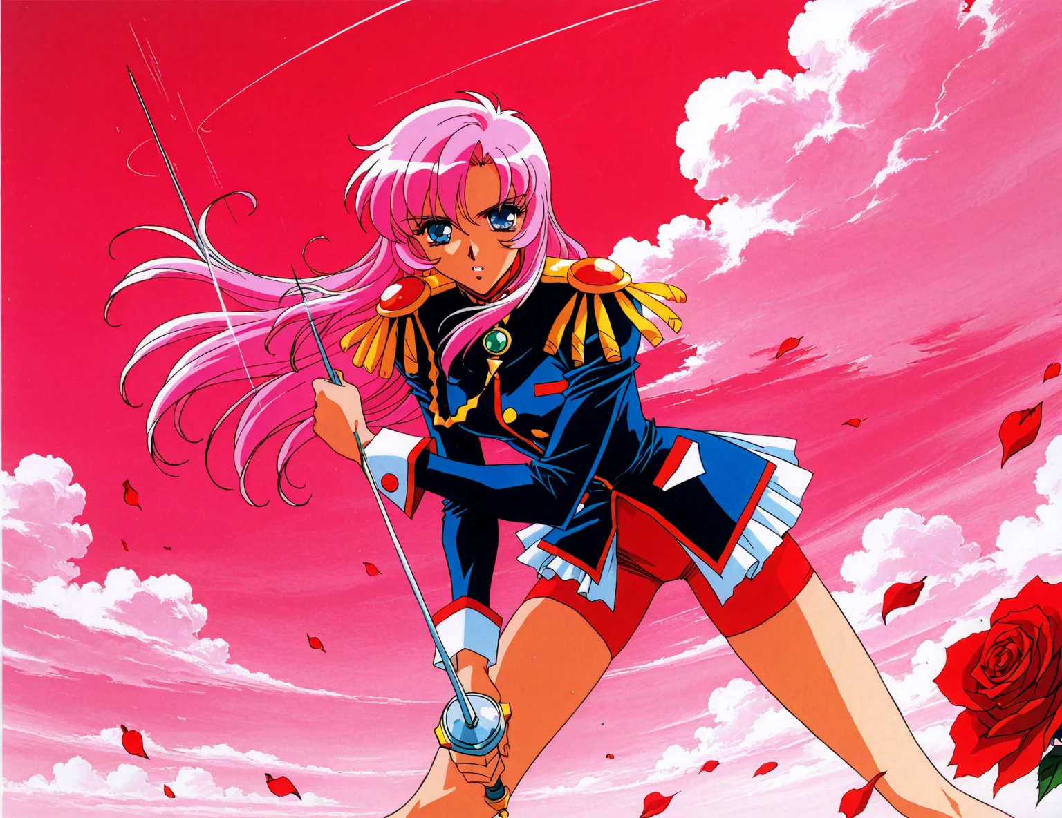 Anime Style,1girl, tenjou utena, pink hair, solo, weapon, retro ...