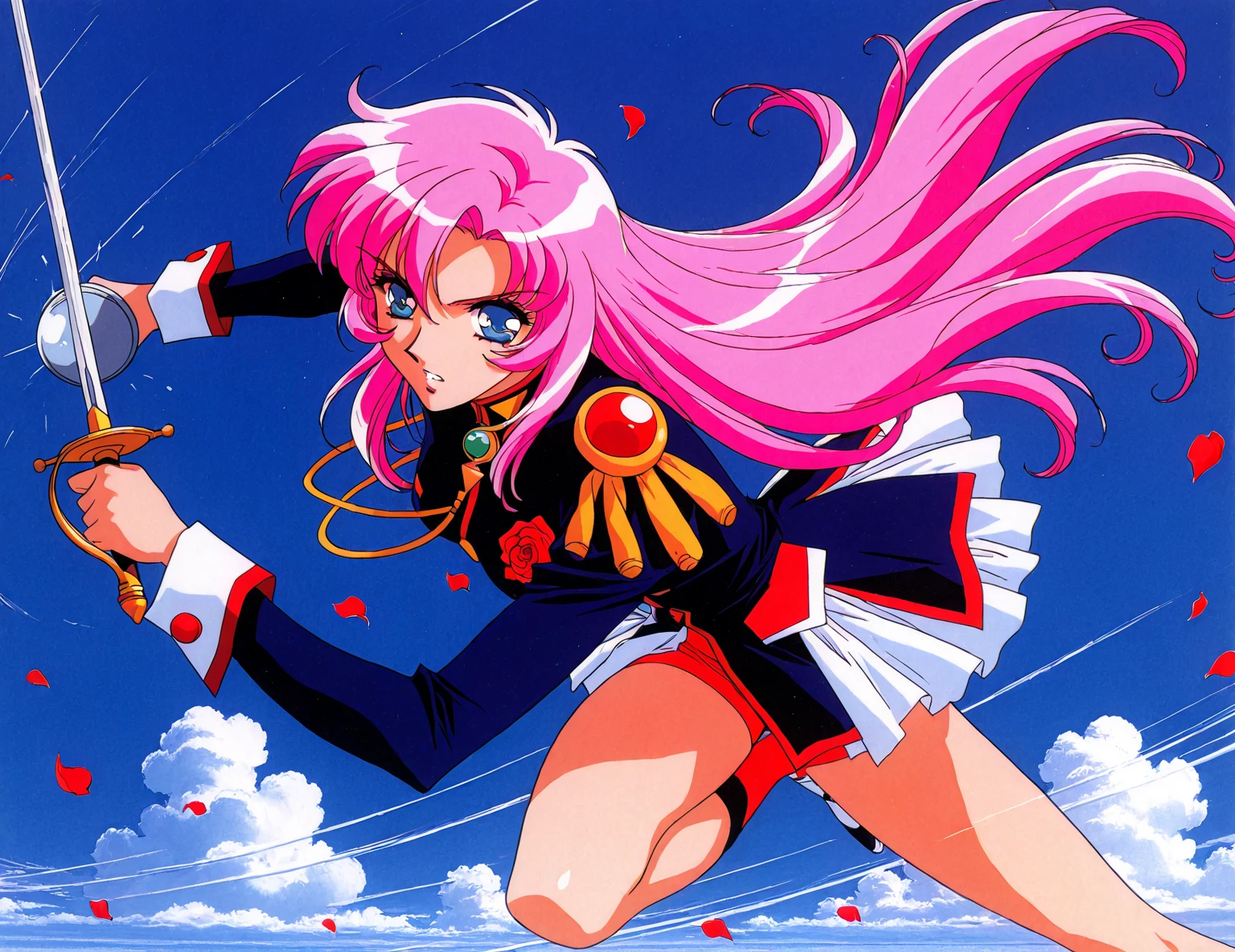 Anime Style,1girl,tenjou utena,pink hair,solo,weapon,retro artstyle ...