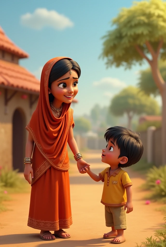 Thumbnail Scene (3D Animation ke liye): Ek gaon ki maa apne chhote ...