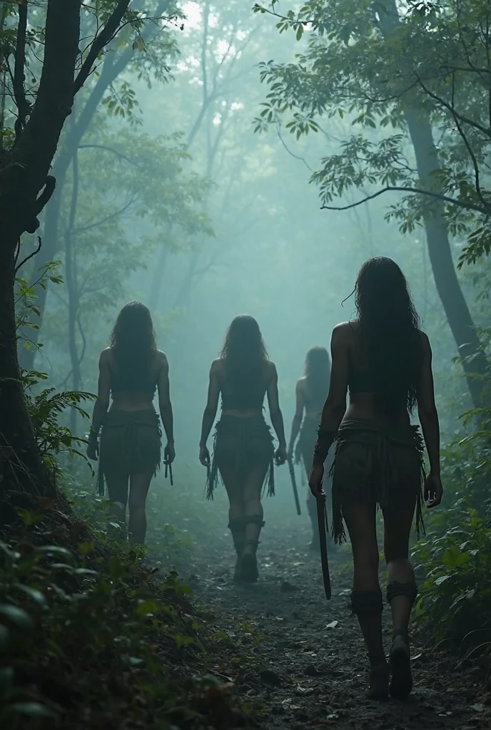 This image shows Amazon warriors in a misty forest, captured in vivid ...