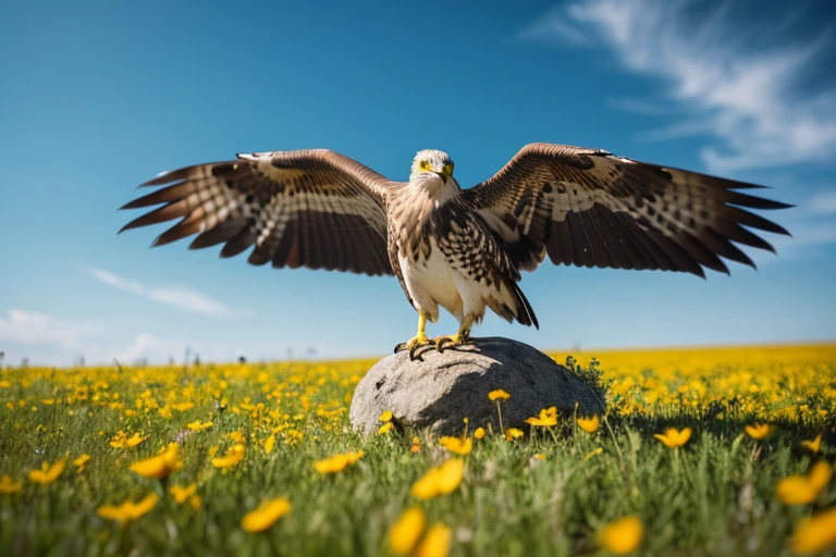 A big hawk stands on a rock in a field of flowers with its wings spread ...