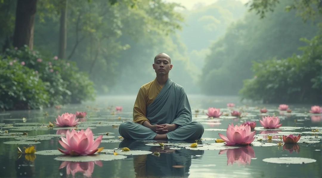 4. The Monk Surrounded by Floating Lotus FlowersThe monk sits cross ...