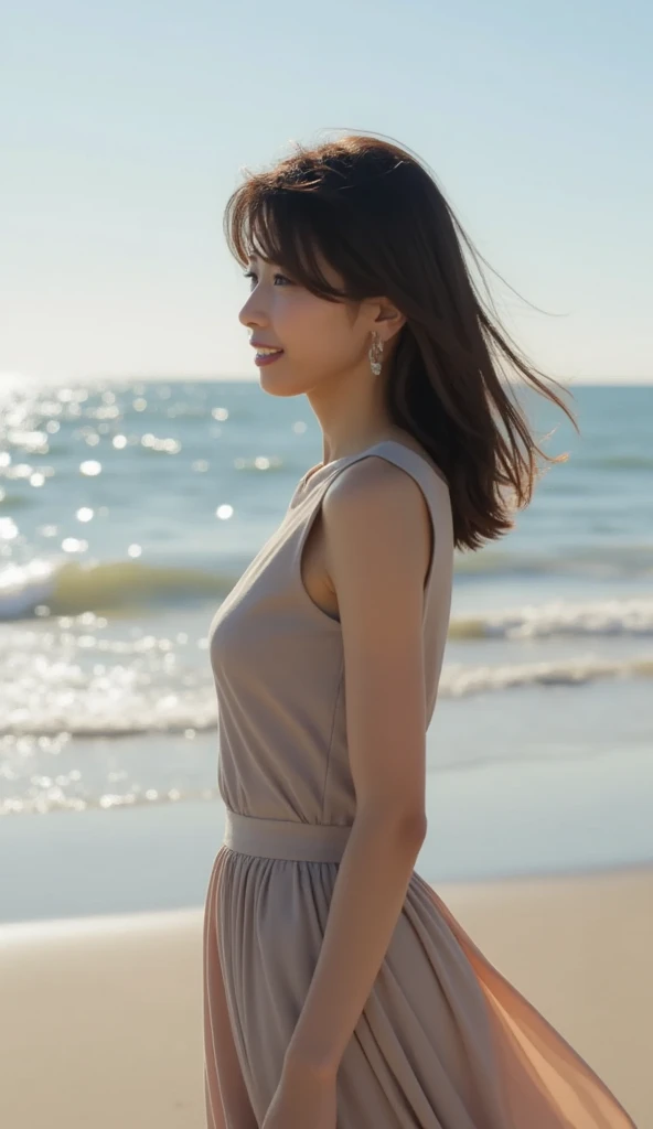 Sleeveless at the beach Long skirt Ayako Kato is hypnotized during a news progra - SeaArt AI
