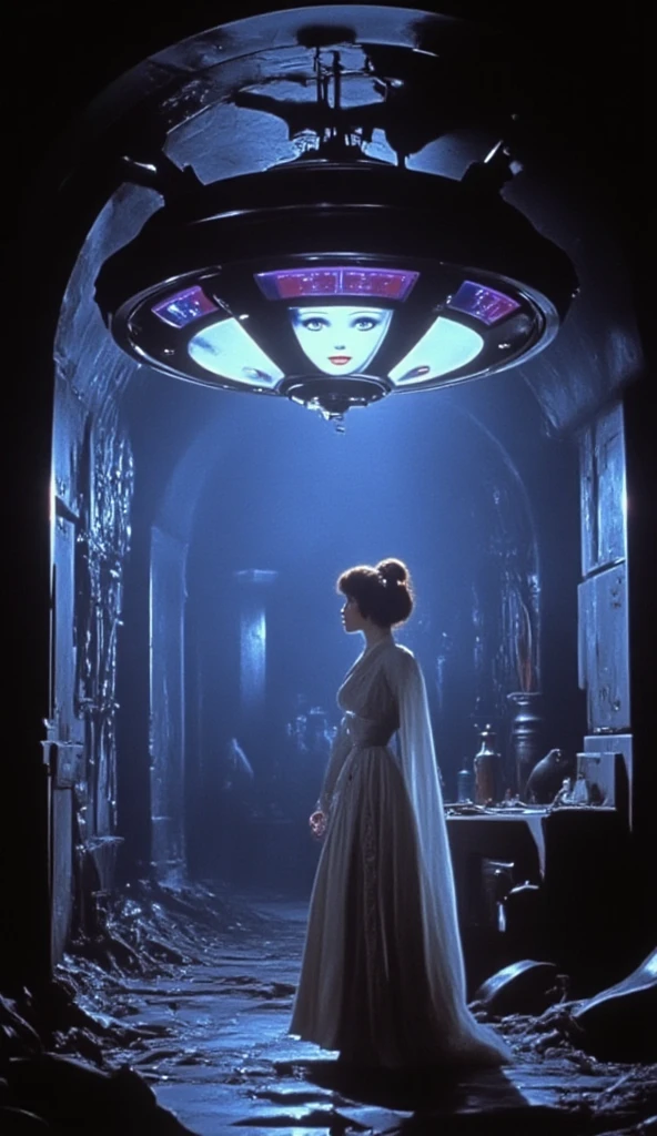 A realistic ceiling robot with a sleek yet slightly unsettling design ...