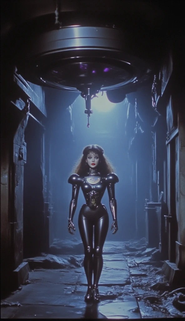 A realistic ceiling robot with a sleek yet slightly unsettling design ...