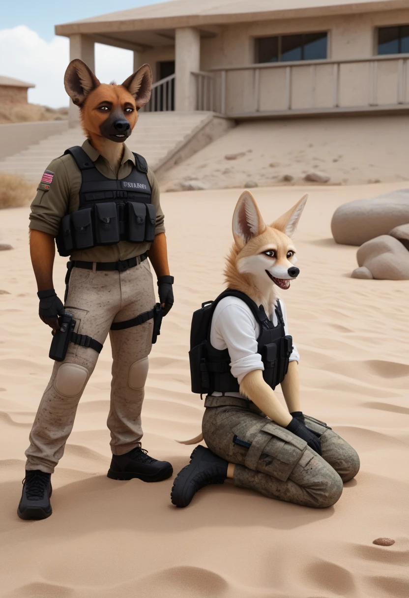 "Two anthropomorphic characters (фенек fox & hyena) in a semi - SeaArt AI