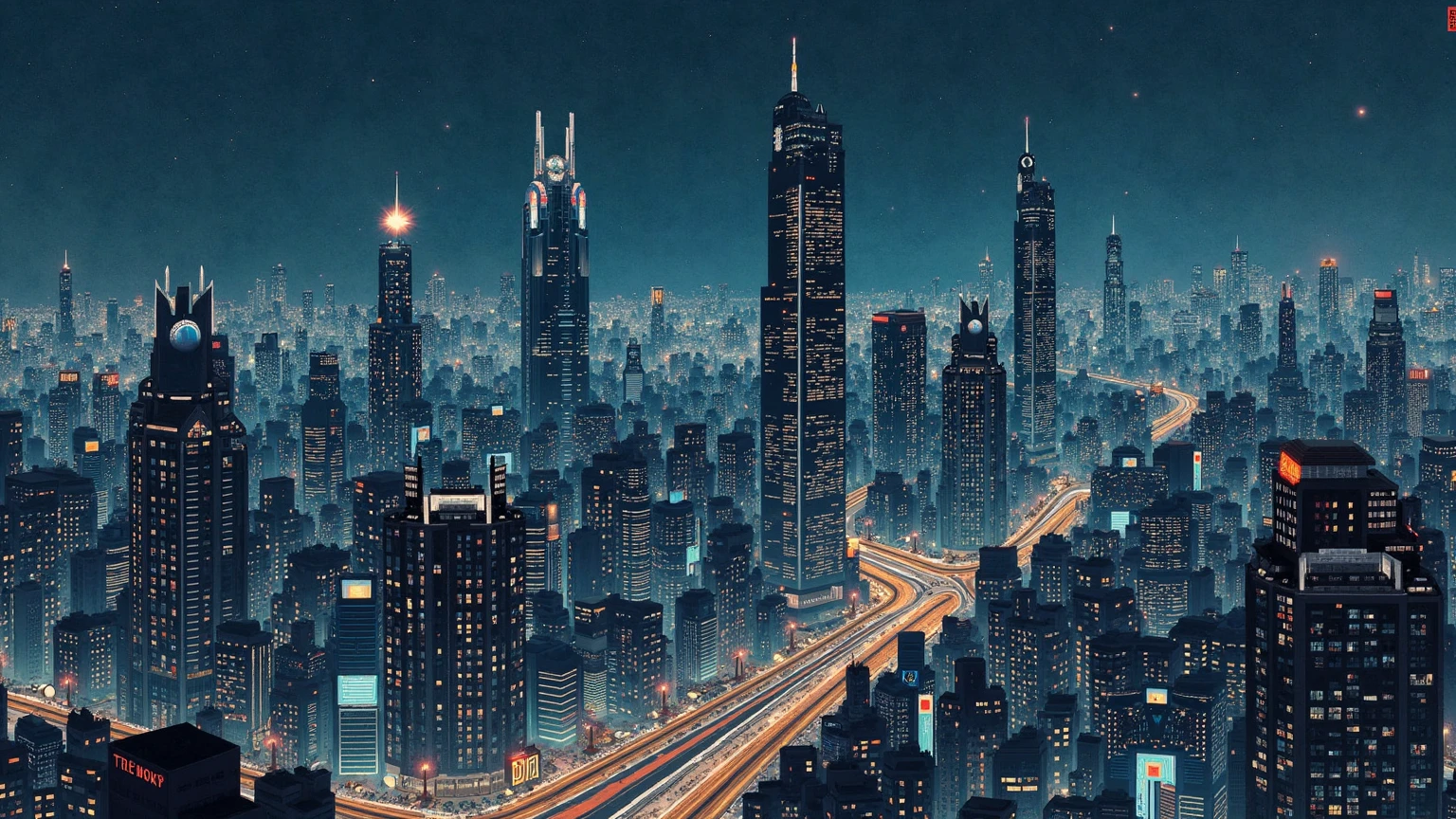 Cybercity at night, small bright explosion in the distance, typical ...