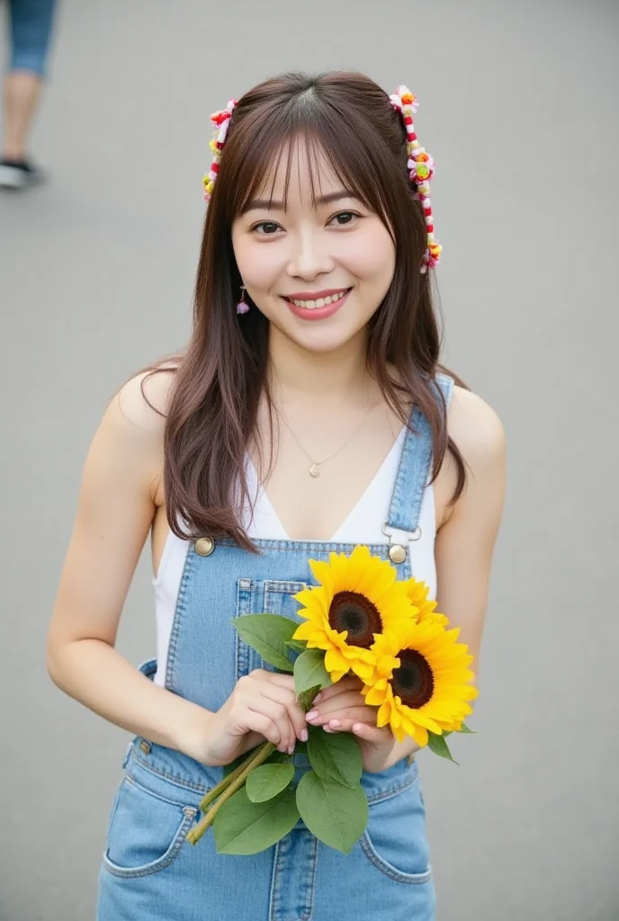 NSFW, Young woman, 31 year old, Asian, holding bouquet of sunflowers ...