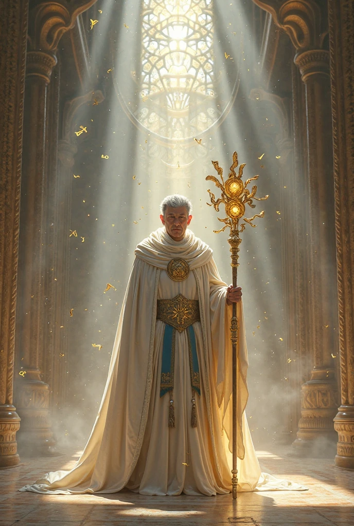 A regal, solemn figure stands at the center of a vast, vaulted sanctum ...