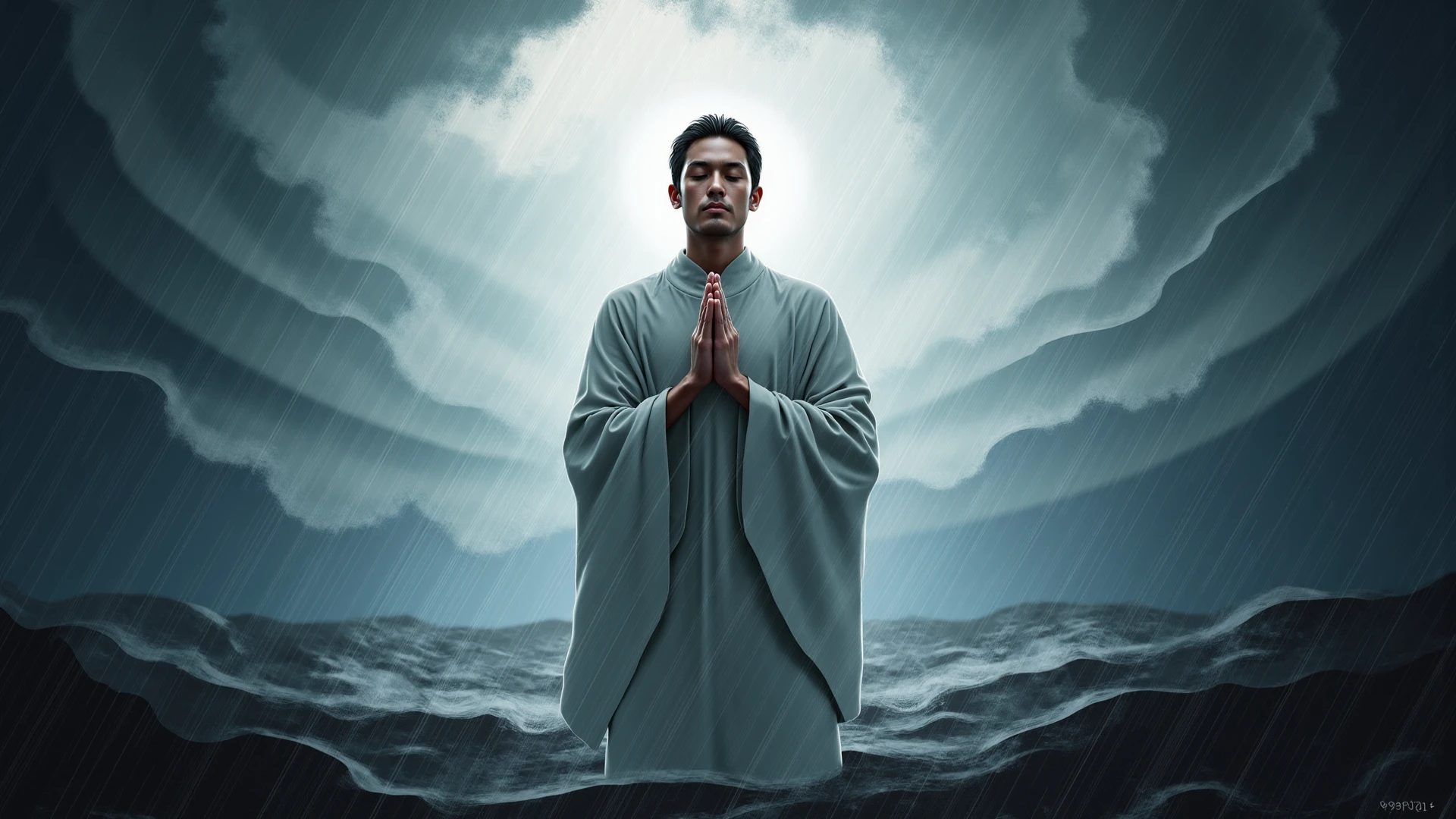 A person standing alone in the middle of a storm, with a calm ...