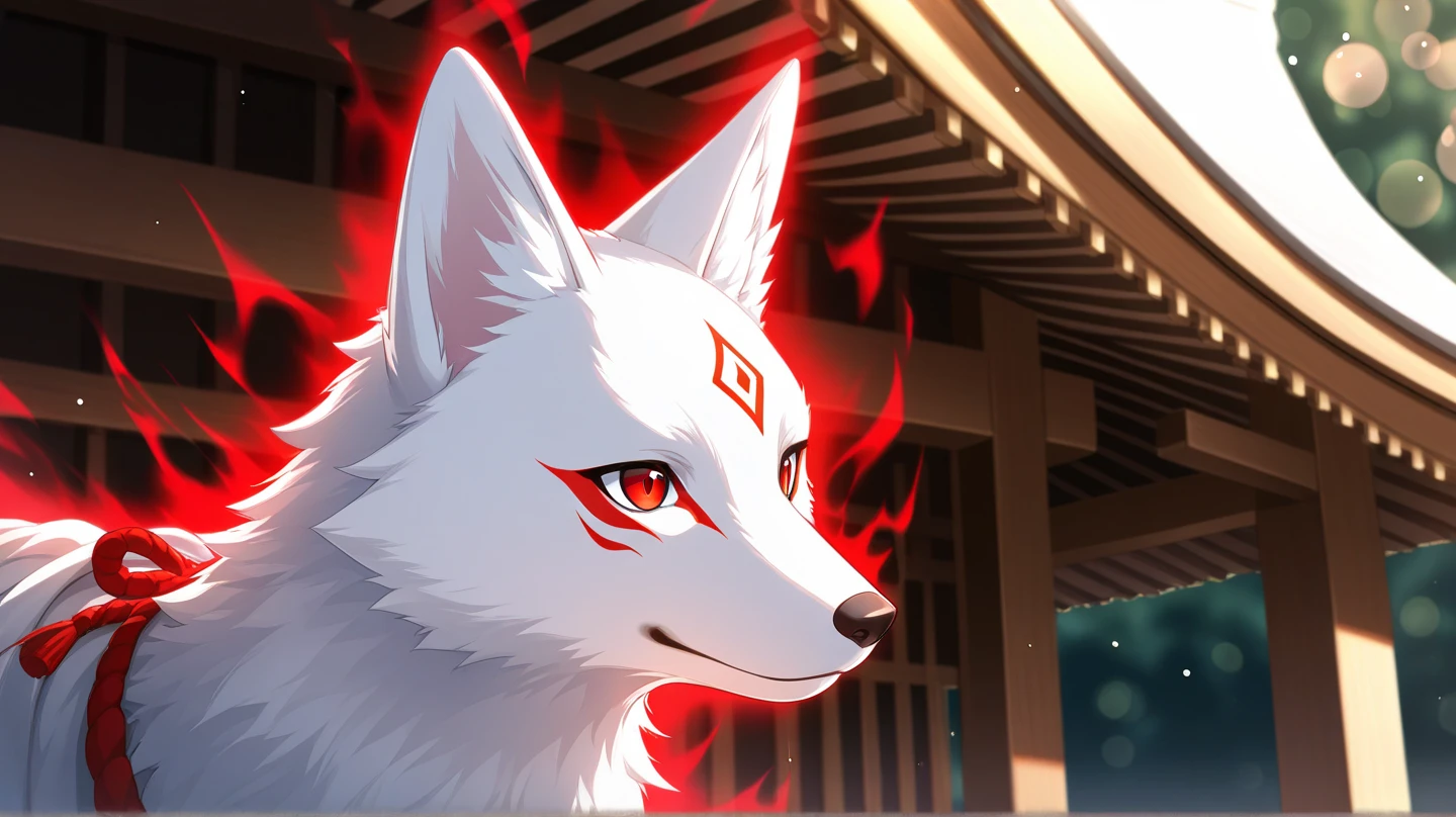 A white fox with red eyes、Messenger of God, wrapped in a brilliant aura ...