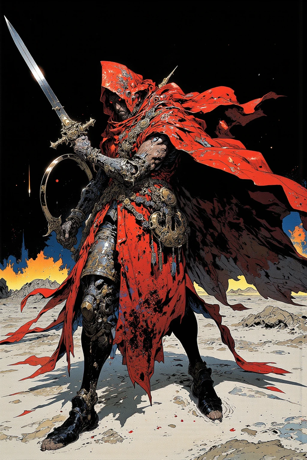 A slave knight wearing a red pointed triangular hooded cloak swings his ...