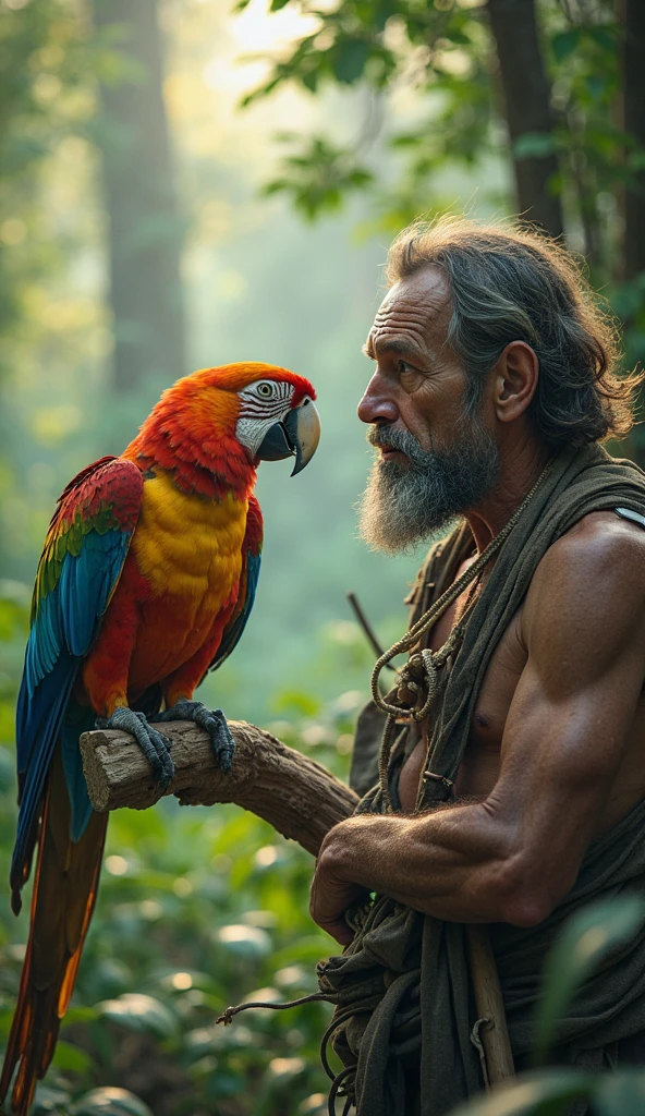"The woodcutter looking weak and hungry, talking to a colorful parrot ...