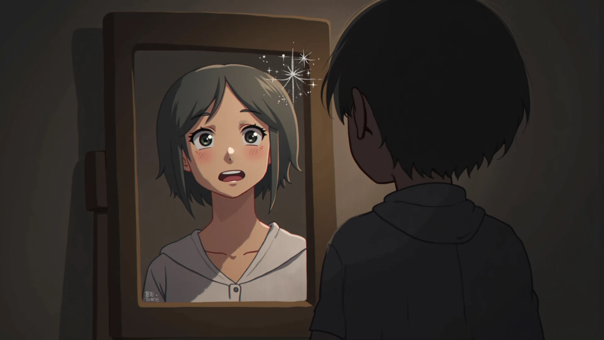 A mirror scene where the character’s reflection shows a more empowered ...
