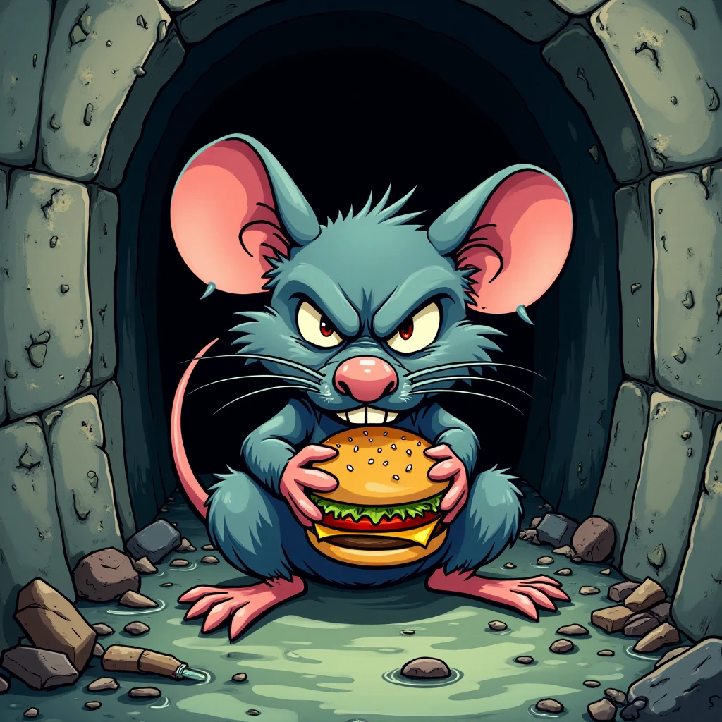 Humorous cartoon of an angry rat eating a mac do in very dirty sewers ...