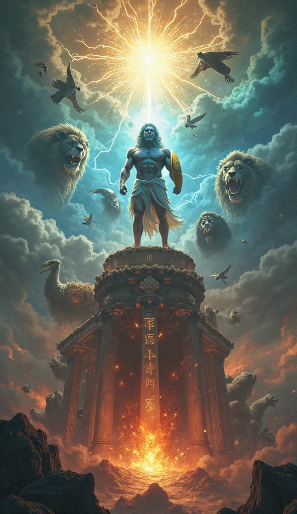 A mythically charged, hyper-detailed vertical fantasy illustration of ...