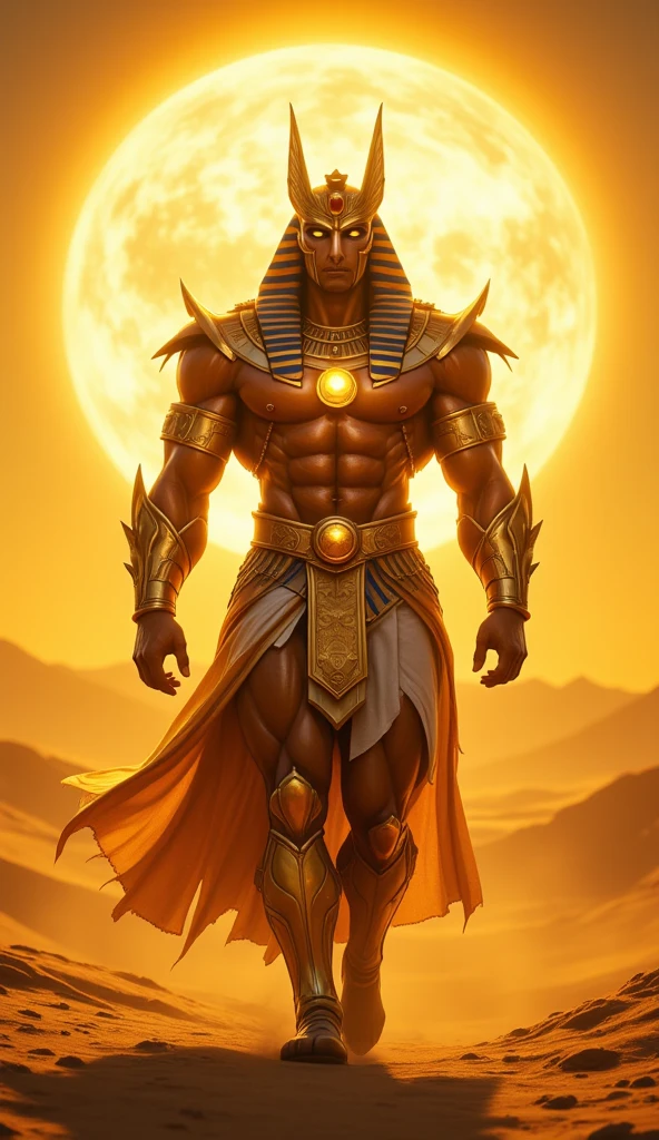 A towering Egyptian god with a falcon head and golden sun disk crown ...