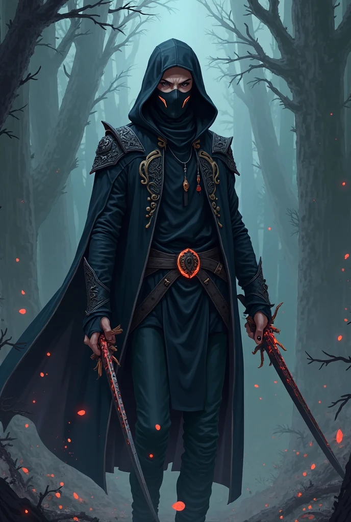 An elf in a black coat and hood with a mask on his face. The blades ...