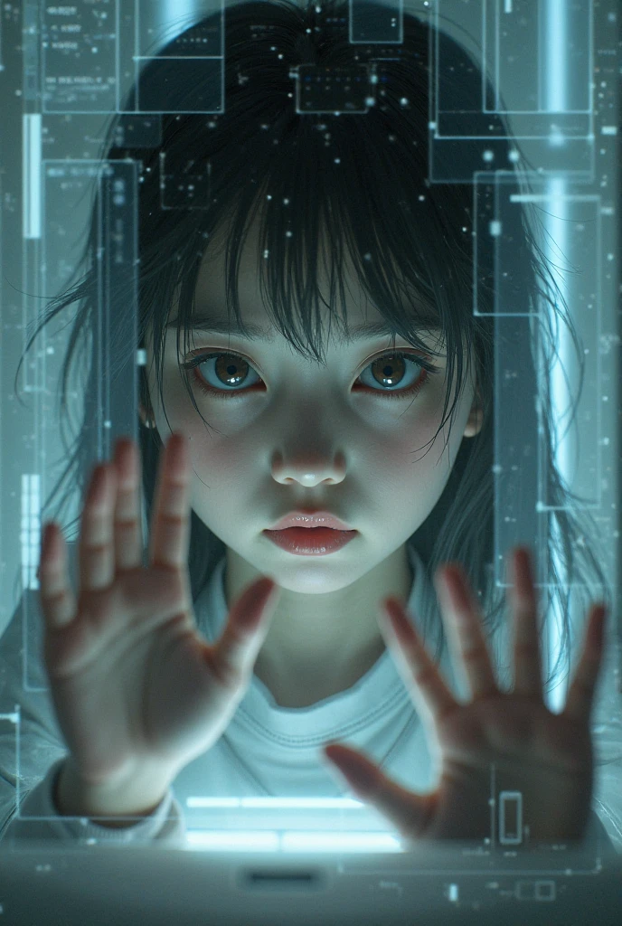 Girl trapped inside a computer where only her face can be seen and her ...