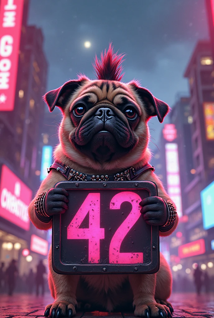 Make a cute rock metal pug in neon town and have him hold a 42 sign ...