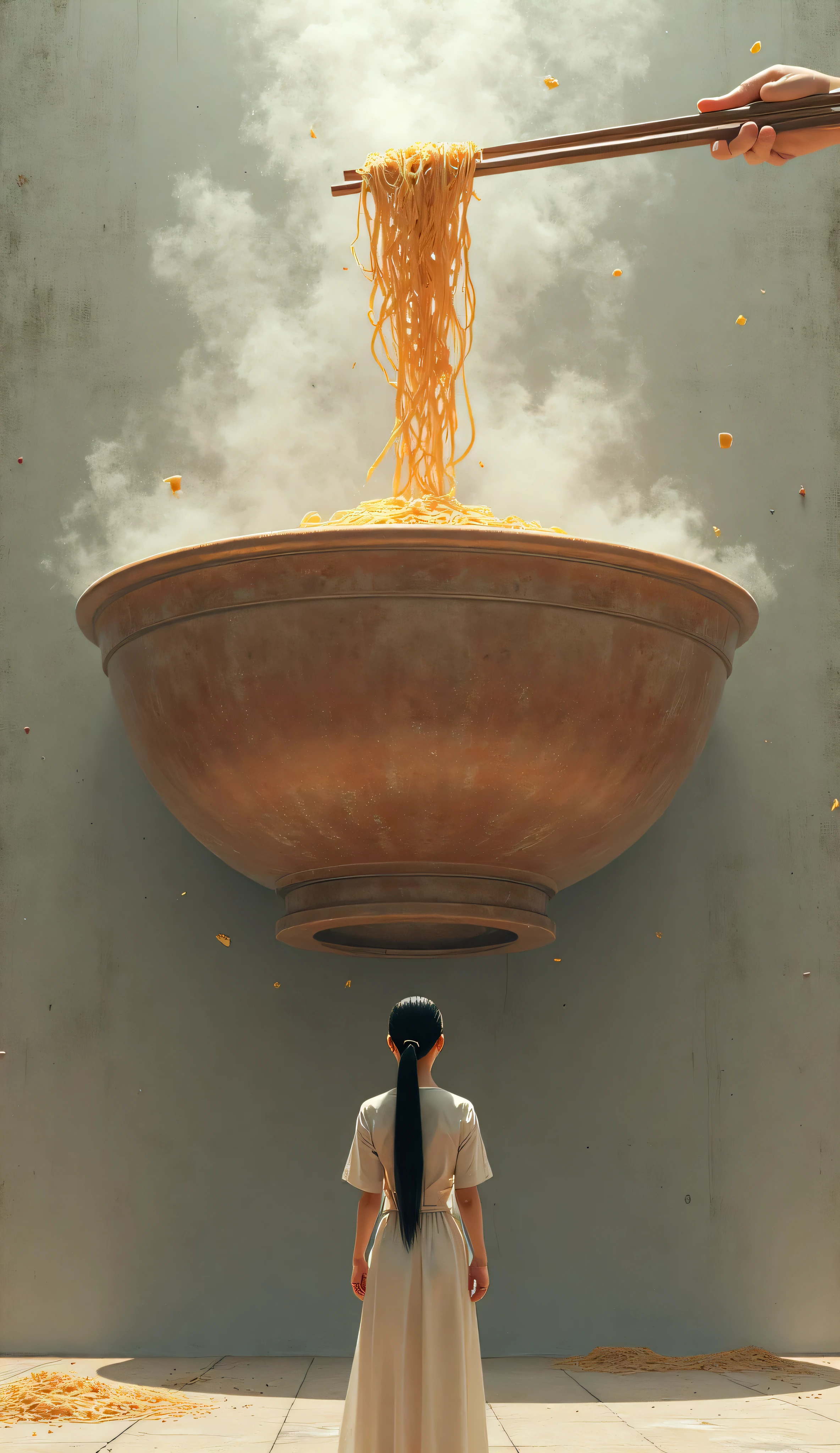 A large bowl of ramen noodles is mounted on the wall, and a Chinese ...