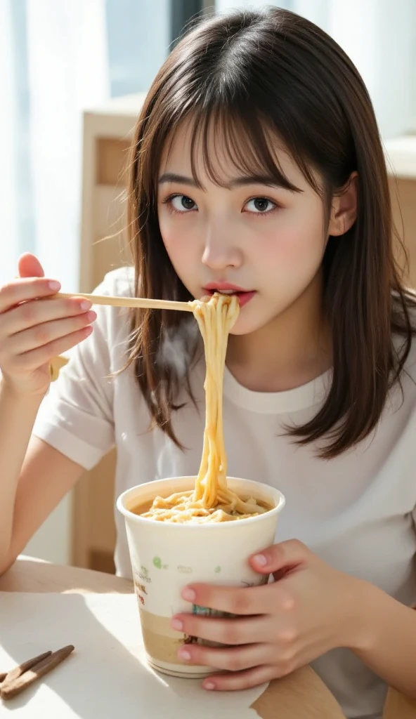 Cup noodle , Cup noodle 을 먹고 있는 일본 미소녀, Cup Noodle, full body photo - SeaArt AI