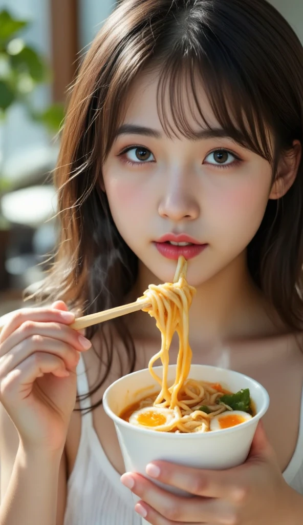 Cup noodle , Cup noodle 을 먹고 있는 일본 미소녀, Cup Noodle, full body photo - SeaArt AI