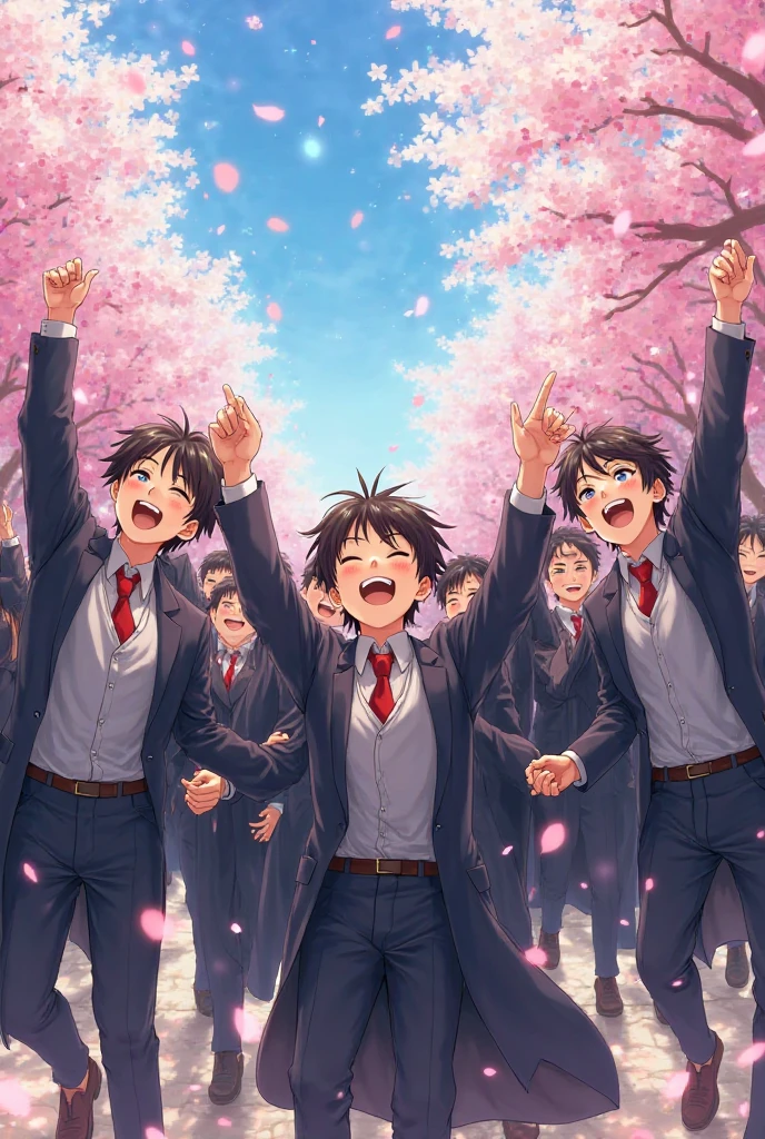 Panoramic image of happy boys graduating outdoors under cherry blossoms ...