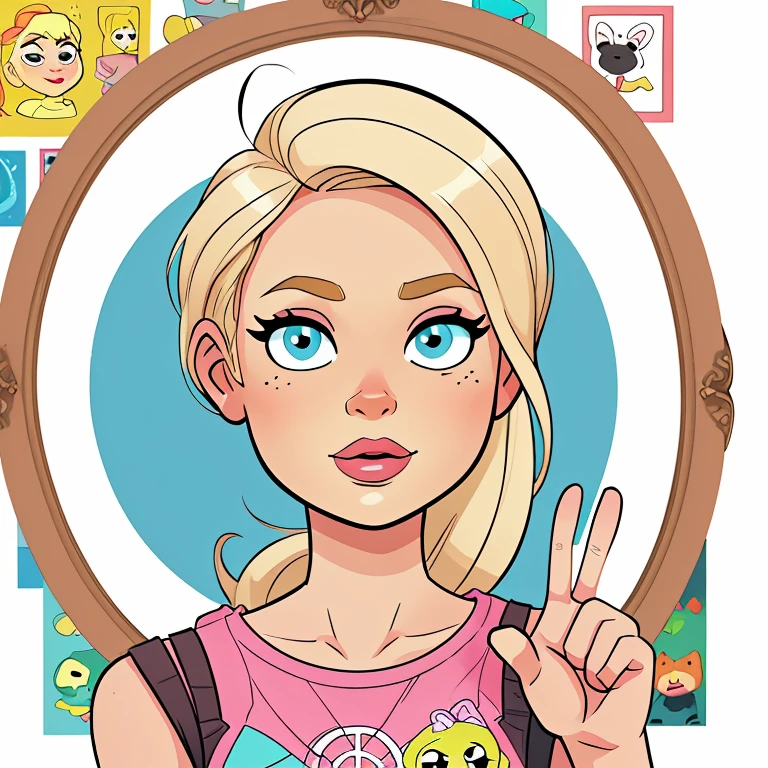 Cartoon style:1.2), Cartoon style of a blonde Barbie with big blue eyes ...