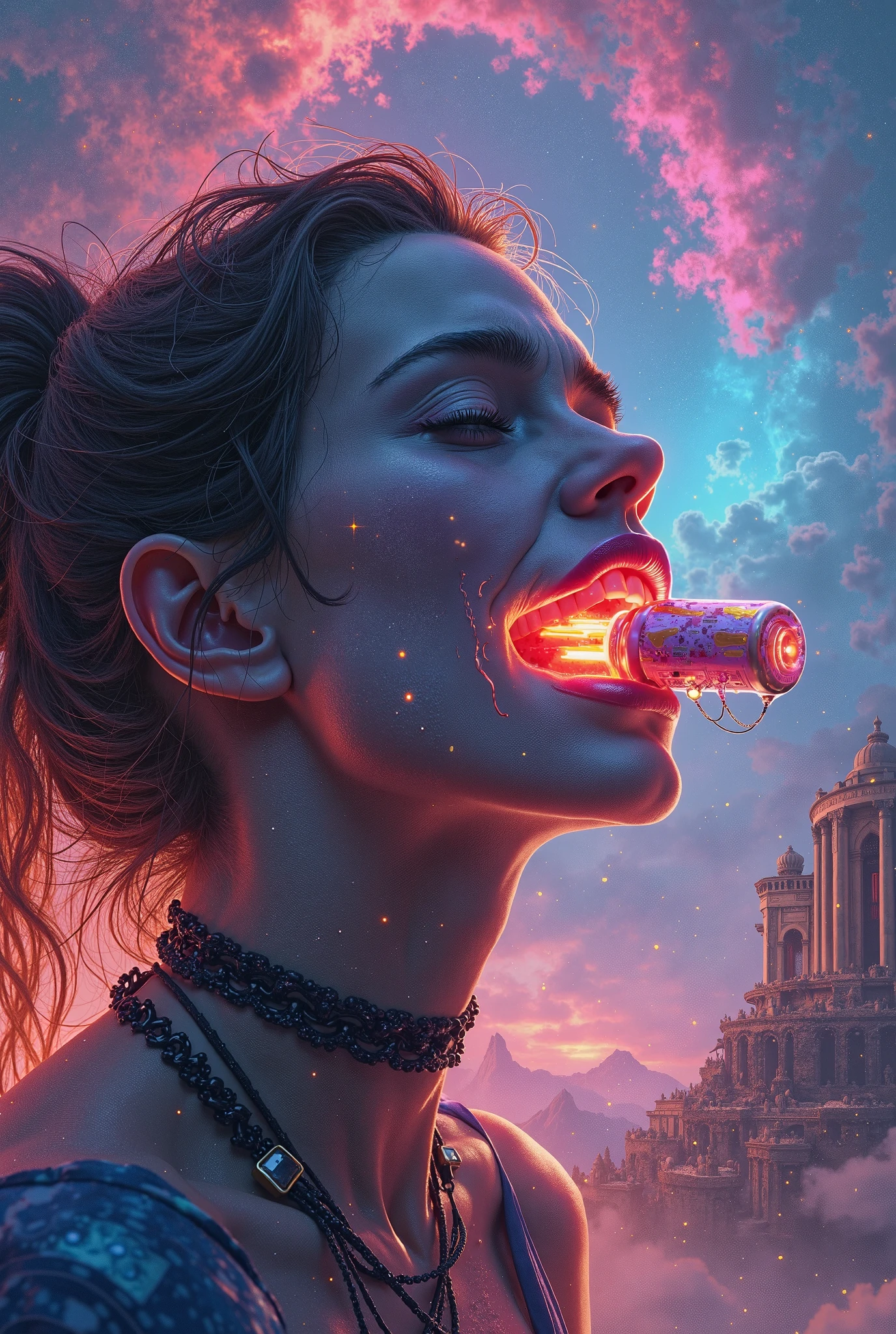 A woman with a vibrant, iridescent glow emanating from a futuristic ...